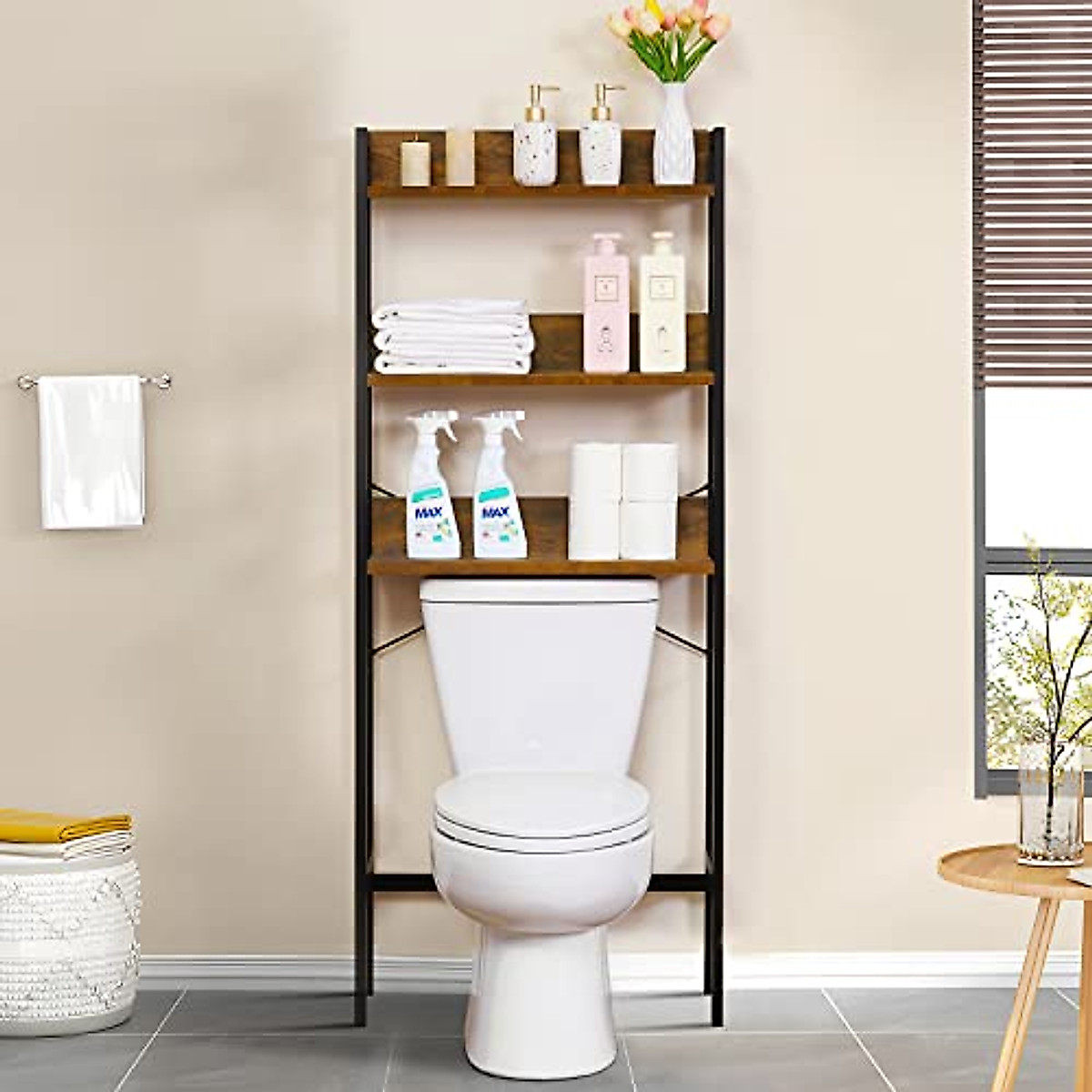 usikey Over The Toilet Storage Rack, 3-Tier Bathroom Shelf Over The Toilet, Multifunctional Toilet Storage Rack, Freestanding Above Toilet Stand with Metal Frame for Bathroom, Rustic Brown & Black