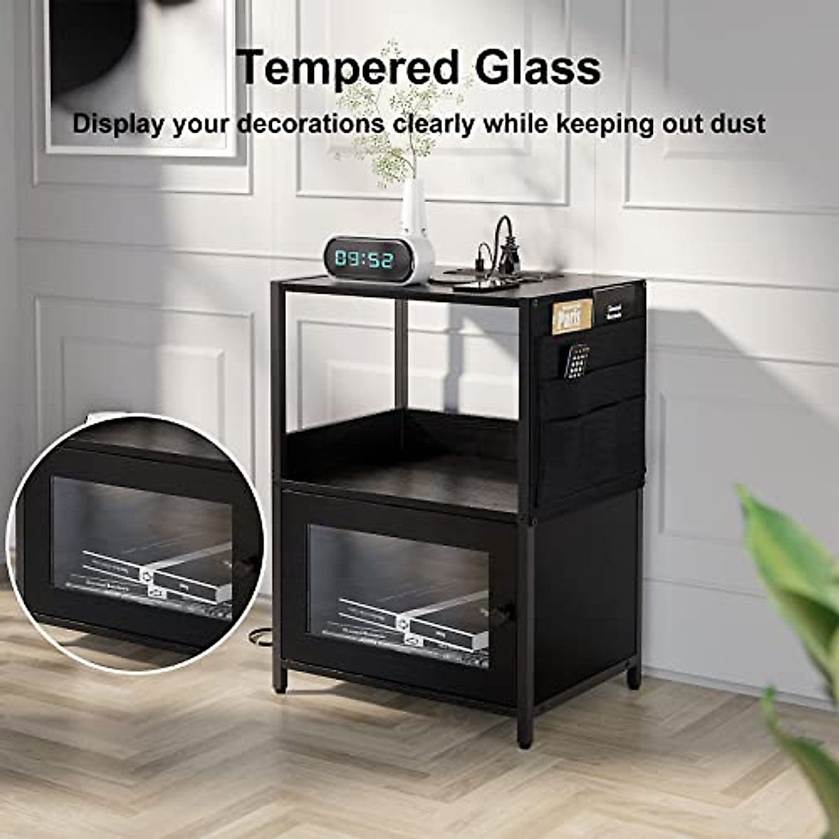 SAUCE ZHAN End Table with Charging Station, Nightstand with USB Ports and Outlets, Fabric Bags, Bedside Table for Small Space Side Table with Storage Drawer for Living Room, Bedroom, Office, Black