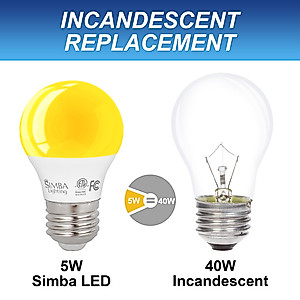 Simba Lighting LED Bug Non-Attracting Yellow Bulb 5W 40W Equivalent (4 Pack), Great for Outdoor Porch Light, Patio, Security, Night Light, Amber Warm Light, Compact A15 Shape E26 Medium Base