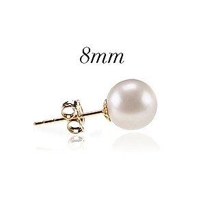 PAVOI 18K Yellow Gold Plated Sterling Silver Round Stud White Simulated Shell Pearl Earrings - 8mm