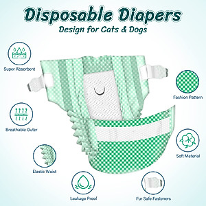 Pet Soft Disposable Cat Diapers - Female Dog Diapers for Cats & Dogs in Heat Period or Urine Incontinence, Doggie Diapers Ultra Absorbent Leak-Proof Puppy Diapers 24pcs (Green, XS)