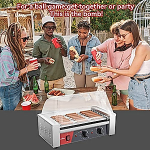 CROSSON Hot Dog 7 Roller Grill Cooker Machine with Transparent Sneeze Guard,7 Nonstick 304SS Rollers and Dual Temp Control,Commercial Hot Dog Cooker Machine-120V, 830W