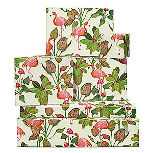 Flamingo Wrapping Paper - 6 Sheets of Gift Wrap with Tags - Flamingo & Plants - Wrapping Paper for Men and Women - Comes with Stickers - Recyclable - Central 23