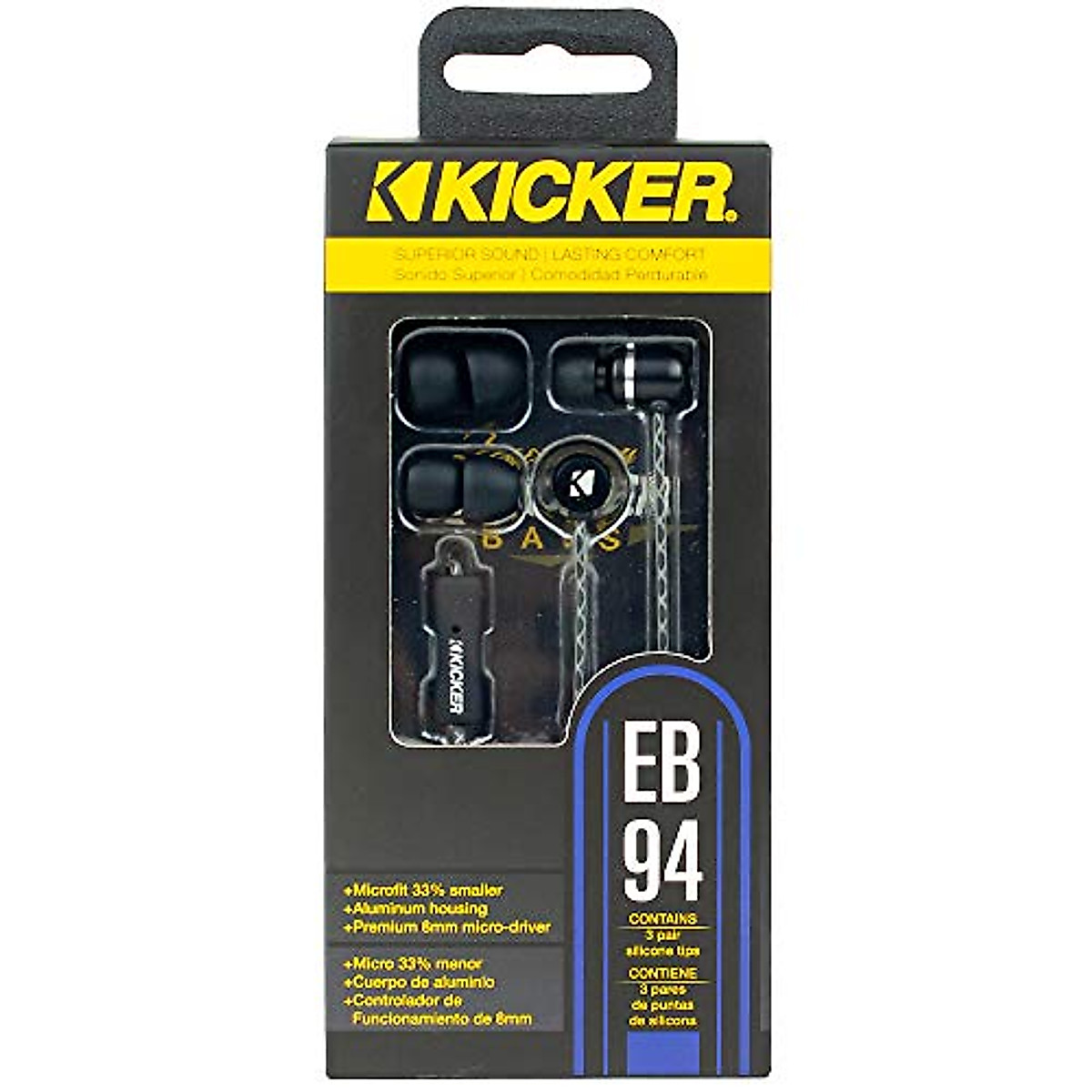 KICKER Microfit 46EB94 Wired Earbuds | in-Ear Noise-Isolating Earphones Silicone Ear Tips 3 Sizes | in-Line Mic and Multi-Function Button | Clear Crisp Treble