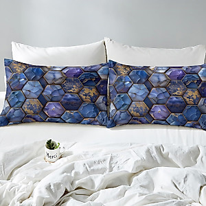 Honeycomb Marble Duvet Cover Set Queen Size,Geometric Hexagon Bedding Set Kids Teens Adults Room Decor,Blue Purple Comforter Cover 3Pcs,Glitter Honeycomb Bedspreads Cover,2 Pillowcases(NO Comforter)