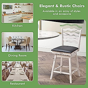 COSTWAY Bar Stools Set of 2, 25” 360° Swivel Counter Height Chairs with Rubber Wood Frame, Cushioned Seat, Ergonomic Backrest & Footrest, Wooden Upholstered Barstools for Kitchen Island (2, 25”)