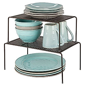 mDesign Adjustable Metal Kitchen Cabinet, Pantry, Countertop Organizer Storage Shelves: Expandable - 2 Piece Set - Durable Steel, Non-Skid Feet - Bronze