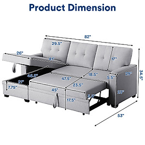 Rovibek 4-in-1 Convertible L Shaped Couch with Pull Out Bed and Storage, Sectional Sleeper Sofa with Reversible Chaise for Living Room, Apartment, Bedroom, Office