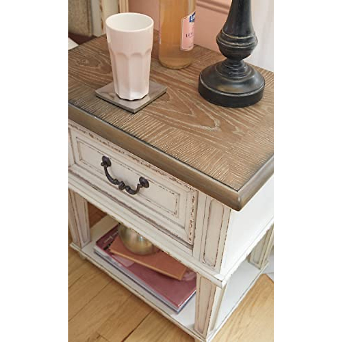 Signature Design by Ashley Realyn Traditional Cottage 1 Drawer Nightstand with Dovetail Construction & Open Display Shelf, Chipped White, 27" Tall, Distressed Brown