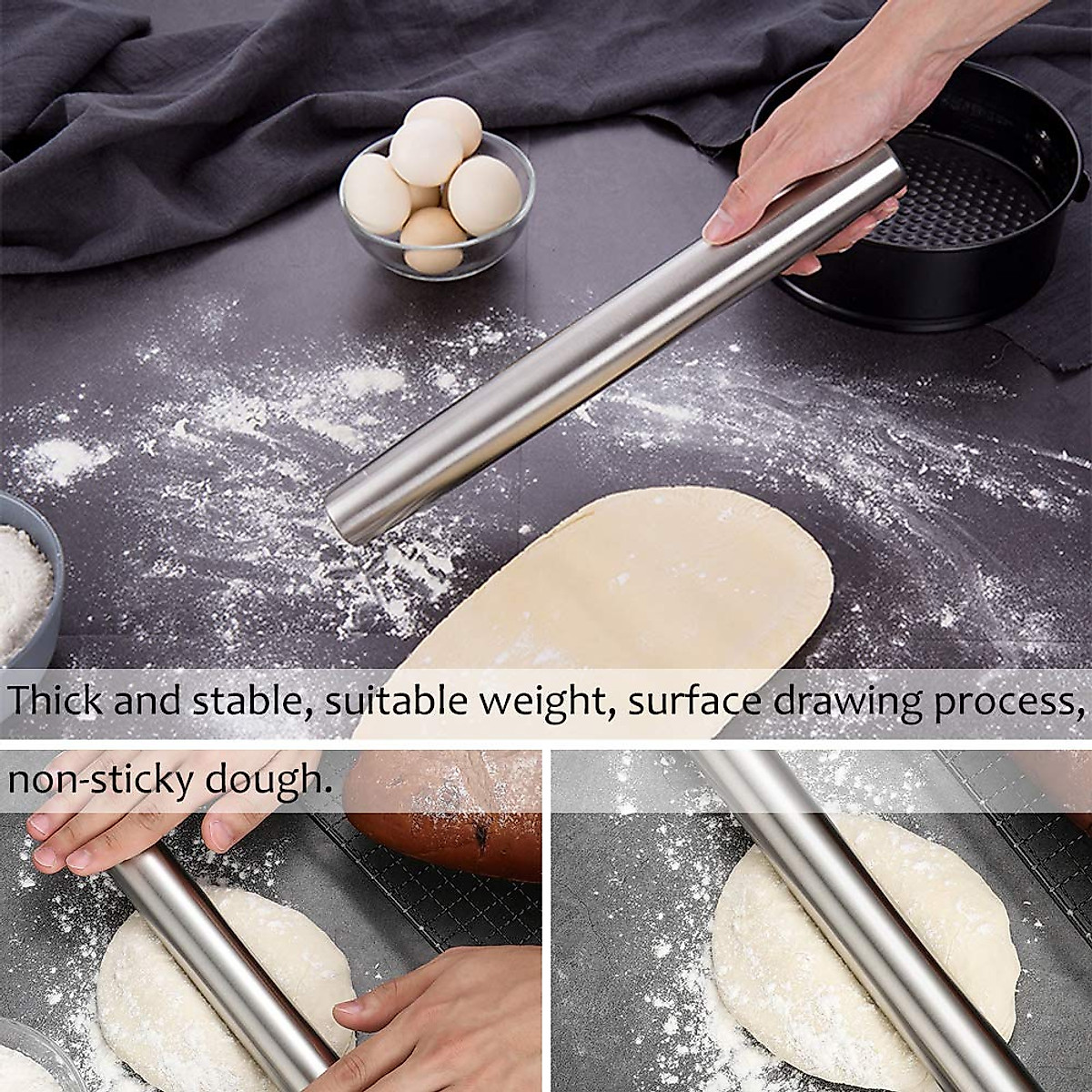 Hvanam Stainless Steel Rolling Pin Professional French Metal Dough Roller 15.75" Kitchen Baking Tools Supplies For Pizza,Pasta,Cake,Pastry,Ravioli,Fondant,Cookies