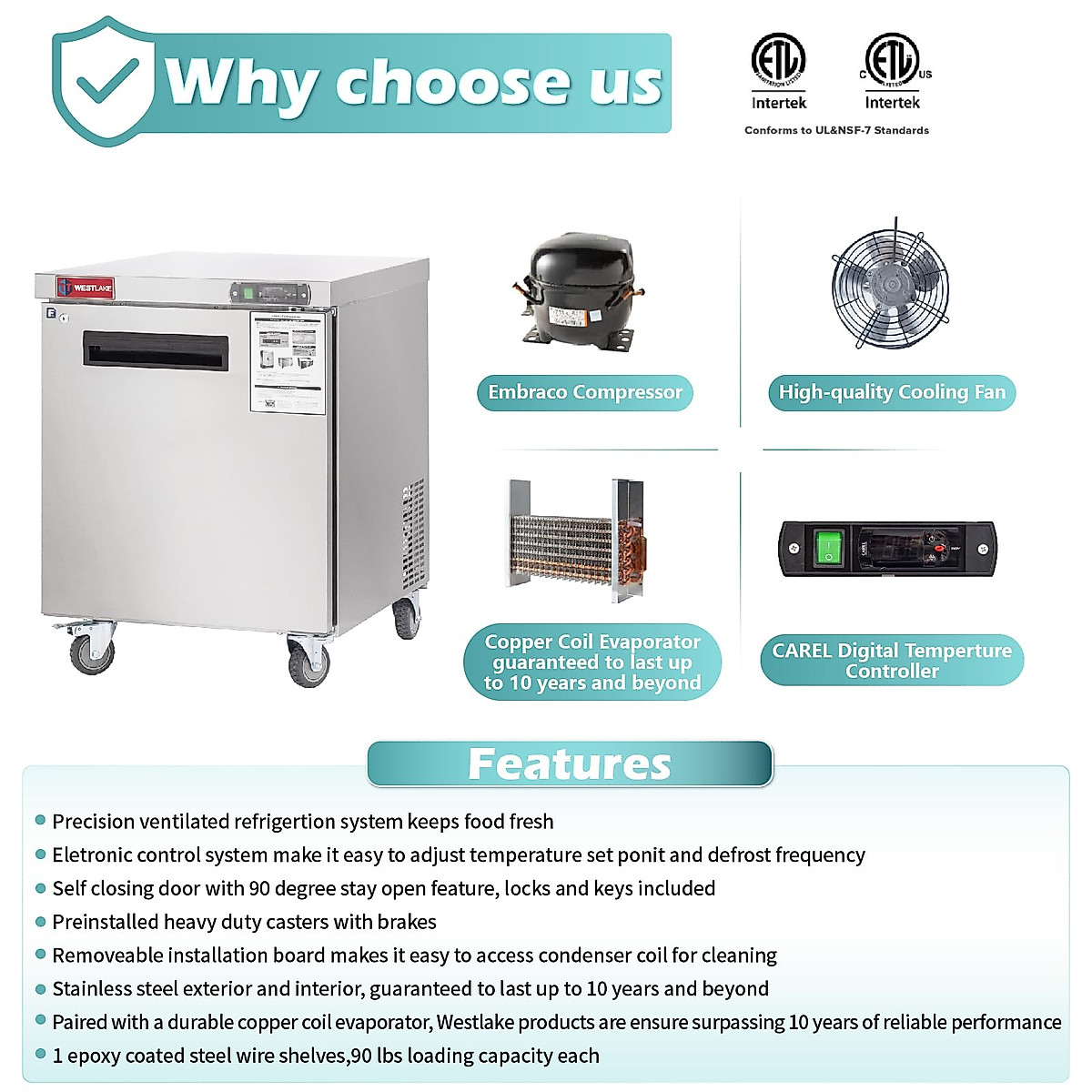 WESTLAKE 28" W Commercial Freezer Worktop Undercounter Freezer 6.4 Cu.ft Single Door Stainless Steel Counter Fan Cooling Freezer Food Prep Station for Restaurant, Bar