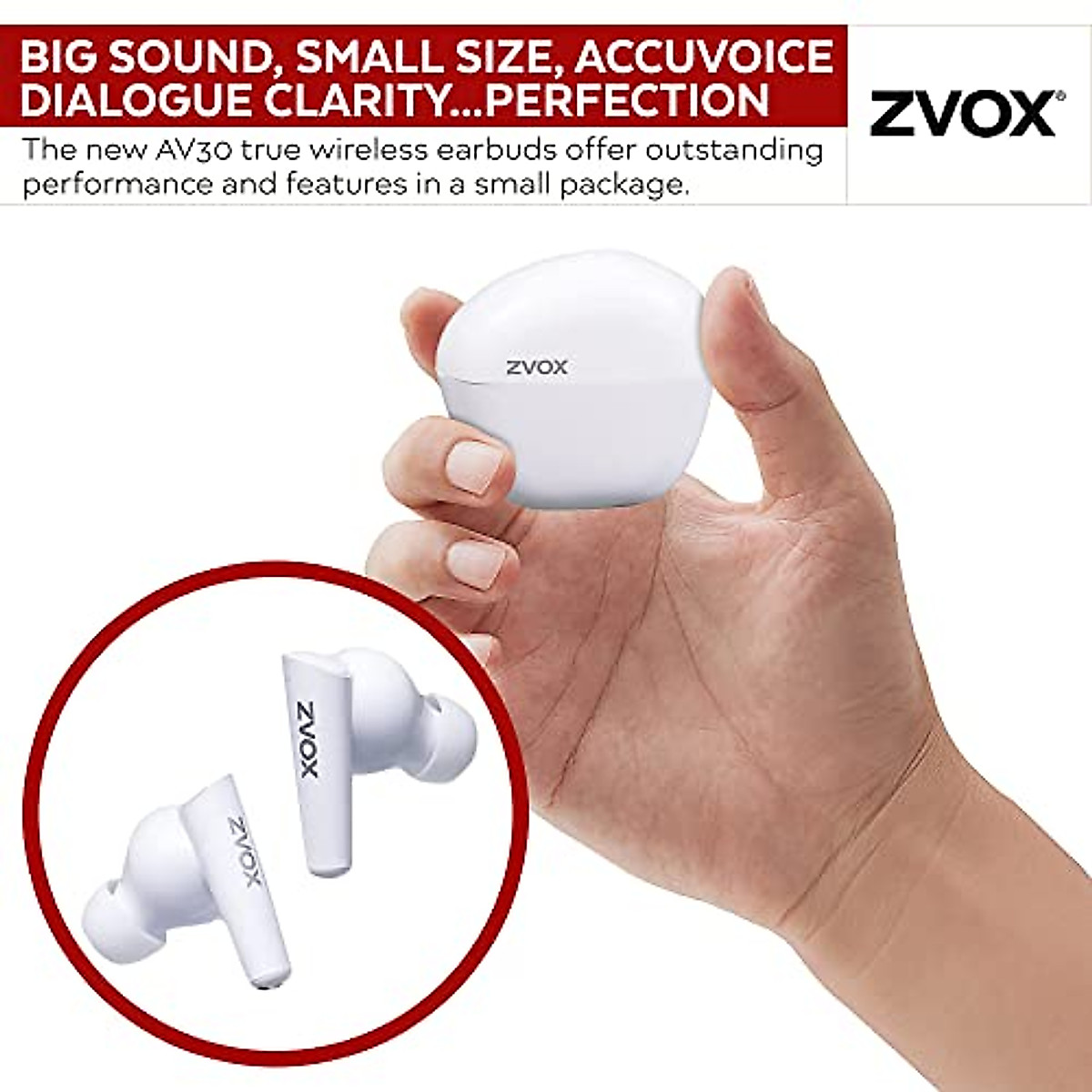 ZVOX True Wireless Earbuds with AccuVoice Technology - Voice-Clarifying, Noise-Canceling Bluetooth Wireless Headphones, AV30 Connect to Multiple Devices, Earbuds Wireless Bluetooth - White