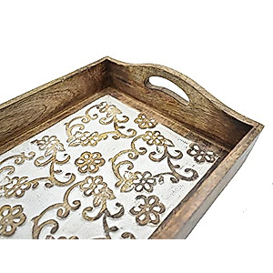 Hand Carved Wooden Breakfast Serving Tray with Handle for Breakfast Tea Snack Dessert | Kitchen Dining Serve-Ware Accessories | 15 x 10 Inches|2044