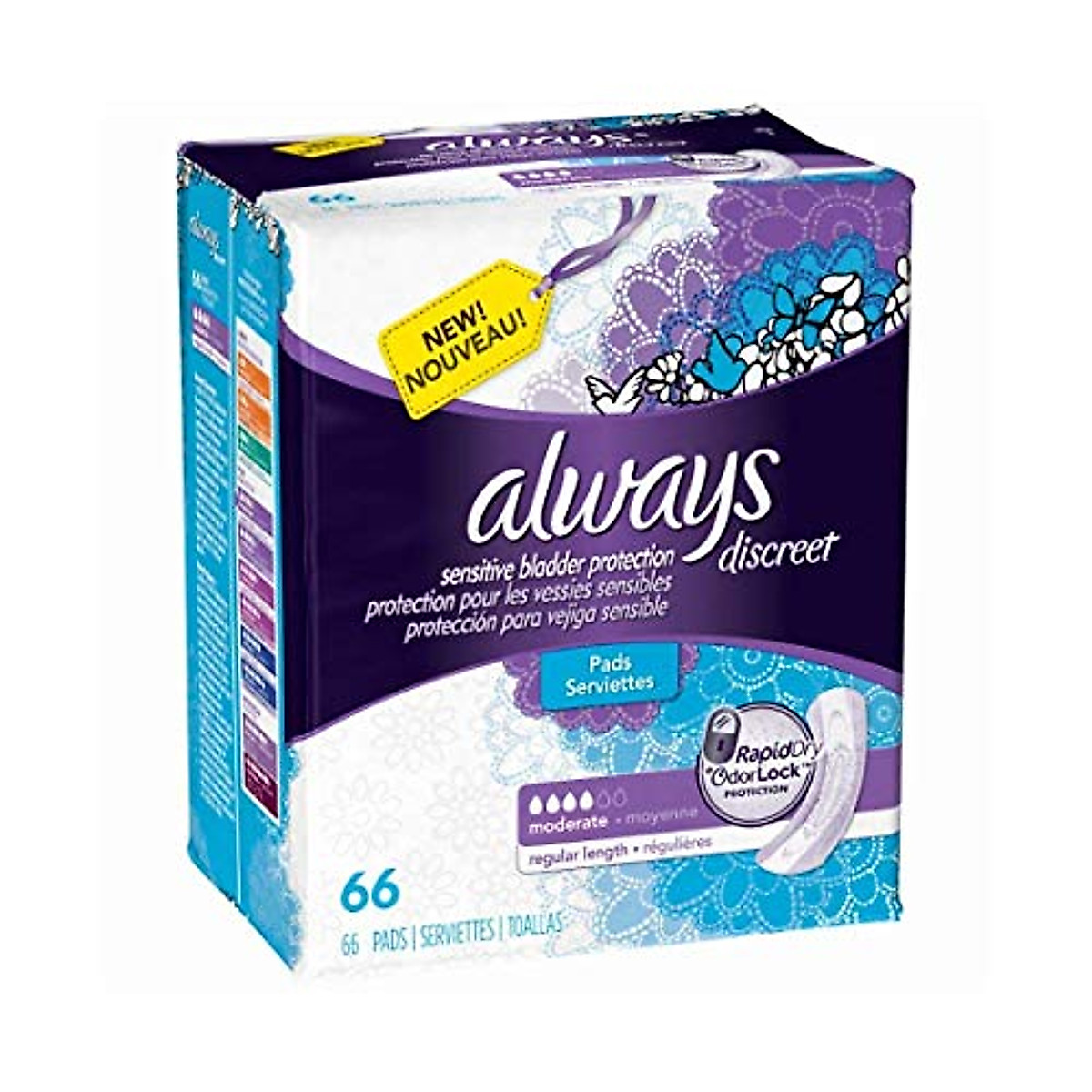 Always Discreet Incontinence Pads, Moderate, Regular Length, 66 Count - 2 Pack (Includes 132 Pads Total.)