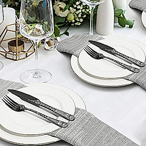 EUIRIO 48-Piece Black Silverware Set with Steak Knives, Black Flatware Set for 8, Stainless Steel Cutlery Set, Knives and Forks and Spoons Sets,Unique Pattern Design,Mirror Polish and Dishwasher Safe