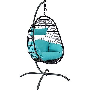 Sunnydaze Penelope Hanging Egg Chair with Seat Cushions and Stand - Black Hanging Wicker Chair with Turquoise Polyester Cushions and Powder-Coated Steel Stand - Collapsible Nylon Back Design - 78-Inch