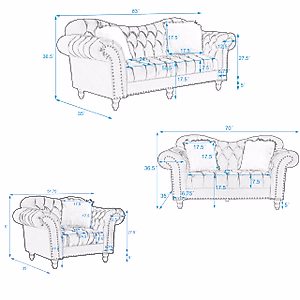 ERYE 3 Pieces Luxury Chesterfield Sofa Sets Velvet Upholstered Button Tufted Sofa&Couch Include 3-Seaters Couch, Loveseat and Armchair with Copper Nail Decor, 5 Villose Pillows for Living Room