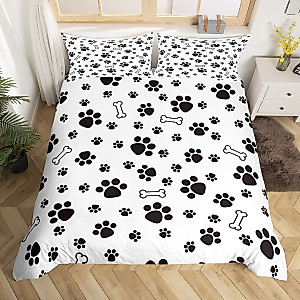 Castle Fairy Dog Paw Print Duvet Cover for Boys,Girls Puppy Bone Comforter Cover Full Size,Black White Bedding Set Kids Teen Room Decor Bed Cover,Dog Footprints Bedclothes with Zipper
