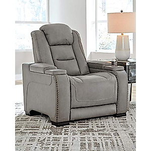 Signature Design by Ashley The Man-Den Leather Power Reclining Sofa, Gray & The Man-Den Leather Power Recliner with Adjustable Headrest & Wireless Charging, Gray
