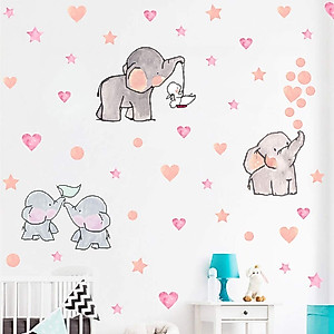 IARTTOP Adorable Elephant Wall Decal, Lovely Family Elephant with Love Heart Stars Wall Sticker, Baby Elephant Decor Wall for Nursery Bedroom Classroom Decoration