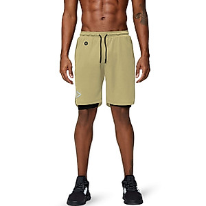 Pinkbomb Men's 2 in 1 Running Shorts Gym Workout Quick Dry Mens Shorts with Phone Pocket (Khaki, Medium