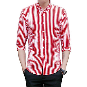 Men's Striped Button Down Shirts Casual Turn-Down Collar Slim Fit Shirts Classic Stylish Business Dress Shirts (Red,X-Large)