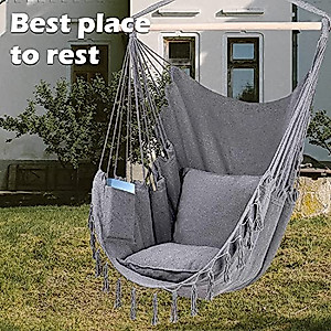 HFKJ Hammock Chair Hanging Rope Swing Chair with 2 Seat Cushions & Installation Kit, Max 330 Lbs, Handmade Macrame Hanging Chair for Bedroom Patio Yard Garden, Dark Grey
