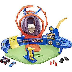 Hot Wheels Monster Trucks T-Rex Volcano Playset with 1:64 Scale Race Ace Toy Truck & 1 Toy Car, Track Set with Dinosaur Nemesis