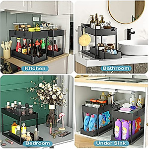 2 Packs Under Sink Organizers and Storage, 2 Tier Under Sink Sliding Cabinet Basket Organizer with 4 Hanging Cups and 8 Hooks, Multi-Purpose Storage Shelf for Bathroom Kitchen
