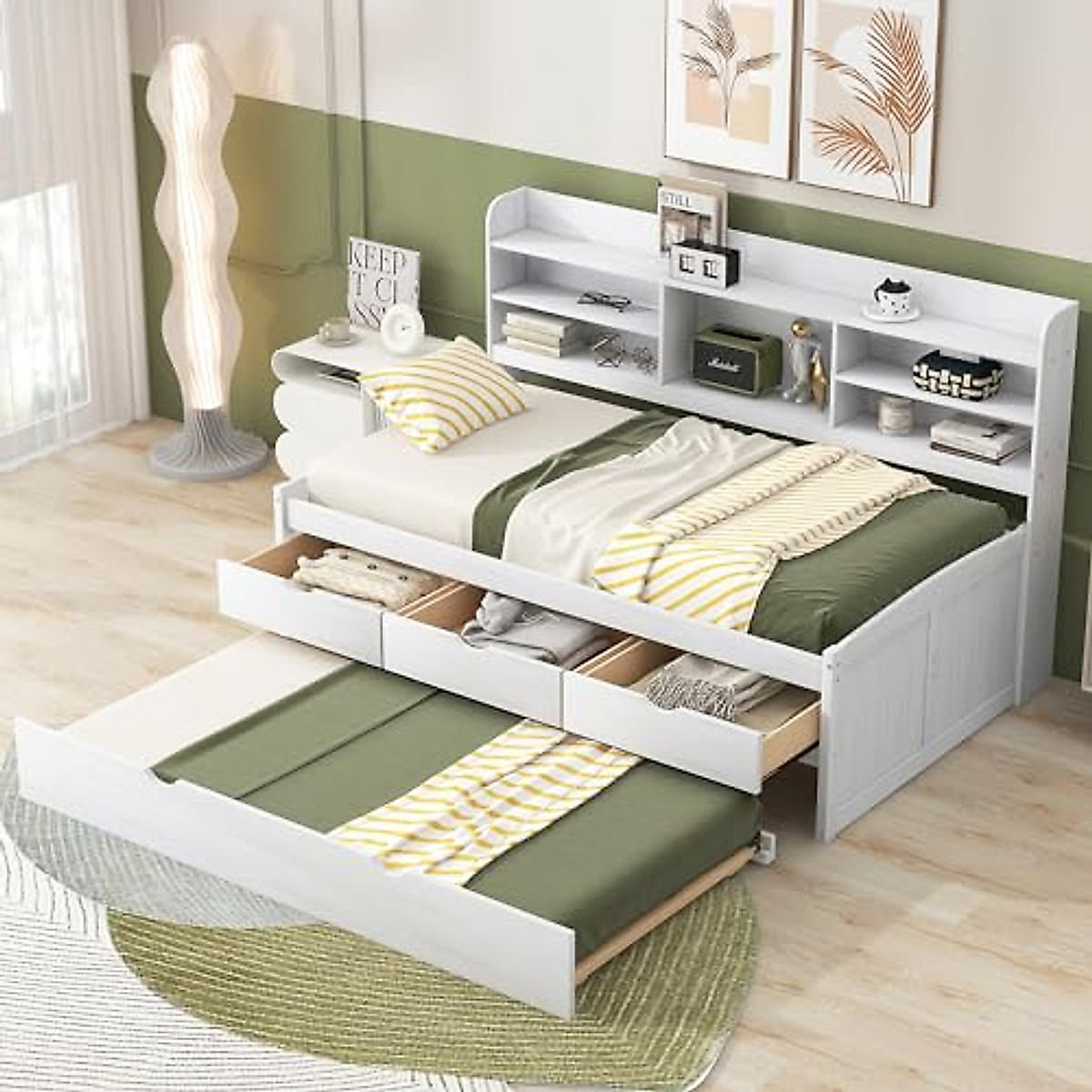 SIYSNKSI Twin Size Captain Bed with 3 Storage Drawers and Trundle, Versatility Wooden Daybed Sofa Bed with Built-in Bookshelves for Living Room Bedroom Office Guest Room, No Box Spring Needed