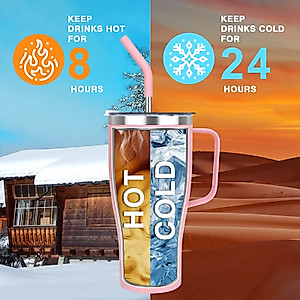 Zukro 32 oz Tumbler with Handle and Straw, No Sweat Double Wall Insulated Stainless Steel Cup with 2 Lids, Leakproof Travel Mug, Keep Drinks Cold 24 Hrs, Dishwasher Safe, Fit in Cup Holder, Pink