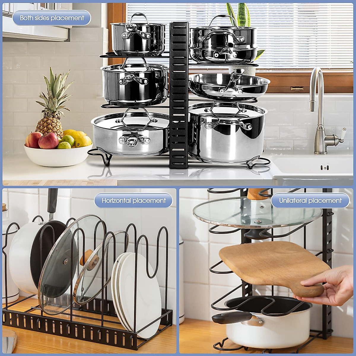 Almcmy Pan Organizer Rack,Pot Rack with 3 DIY Methods,Adjustable Pots and Pans Organizer with 8 Tiers,Heavy Duty Pot Organizer for Kitchen Organization Storage,Send a Cleaning Cloth