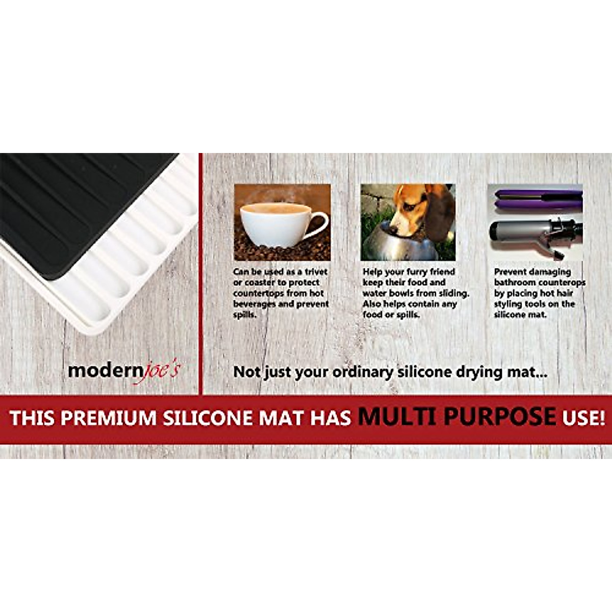 Self-Draining 2 in 1 Silicone Drying Mat and Trivet by Modern Joe's. Premium Space Saving Dish and Glassware Silicone Mat. Made from Food-grade, Dish Washer Safe and Heat Resistant (Gray)