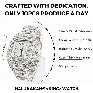 Halukakah Men's Watch - The King - Platinum Plated, 40MM Square Dial, Iced Out Wristband, Comes in Giftbox,Gift for Men Son Husband
