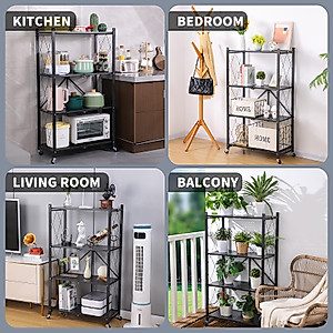 JOYBOS 4-Shelf Foldable Storage Shelves with Wheels, Heavy Duty Metal Shelving, No Assembly Organizer Wire Shelf Rack for Garage Kitchen, Basement, Pantry, Holds up to 1000 pounds…