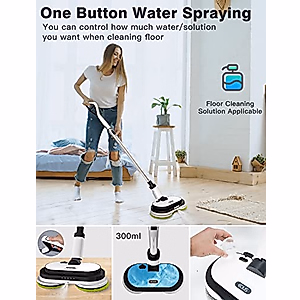 Cordless Electric Mop, Electric Floor Cleaner with LED Headlight & Water Sprayer, Up to 60 mins Detachable Battery, Dual-Motor Powerful Spin Mop with 300ML Water Tank for Multi-Surface, Self-Propelled