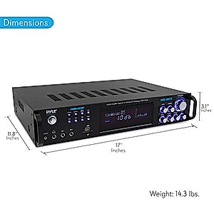 4 Channel Bluetooth Power Amplifier - 1000W Home Audio Rack Mount Stereo Receiver w/AM FM Radio, USB, Headphone, Dual Wireless Mic w/Echo for Karaoke, LED, for Speaker Sound System - Pyle PWMA1003BT