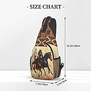 Horse Pattern Sling Bag Crossbody Backpack,Aztec Boho Ethnic Style Western Horse Chest Bag Three Horses Run In Desert Sandstorm Adjustable Shoulder Backpack Travel Hiking Casual Daypack For Men Women