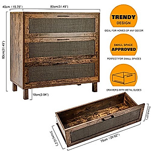 Graficial 3 Drawer Dresser, Dresser for Bedroom, Rattan Chest of Drawers, Rustic Brown Bedside Table Dressers