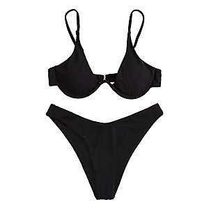 Verdusa Women's 2 Piece Triangle Bikini High Cut Bathing Suit Swimwear Black M