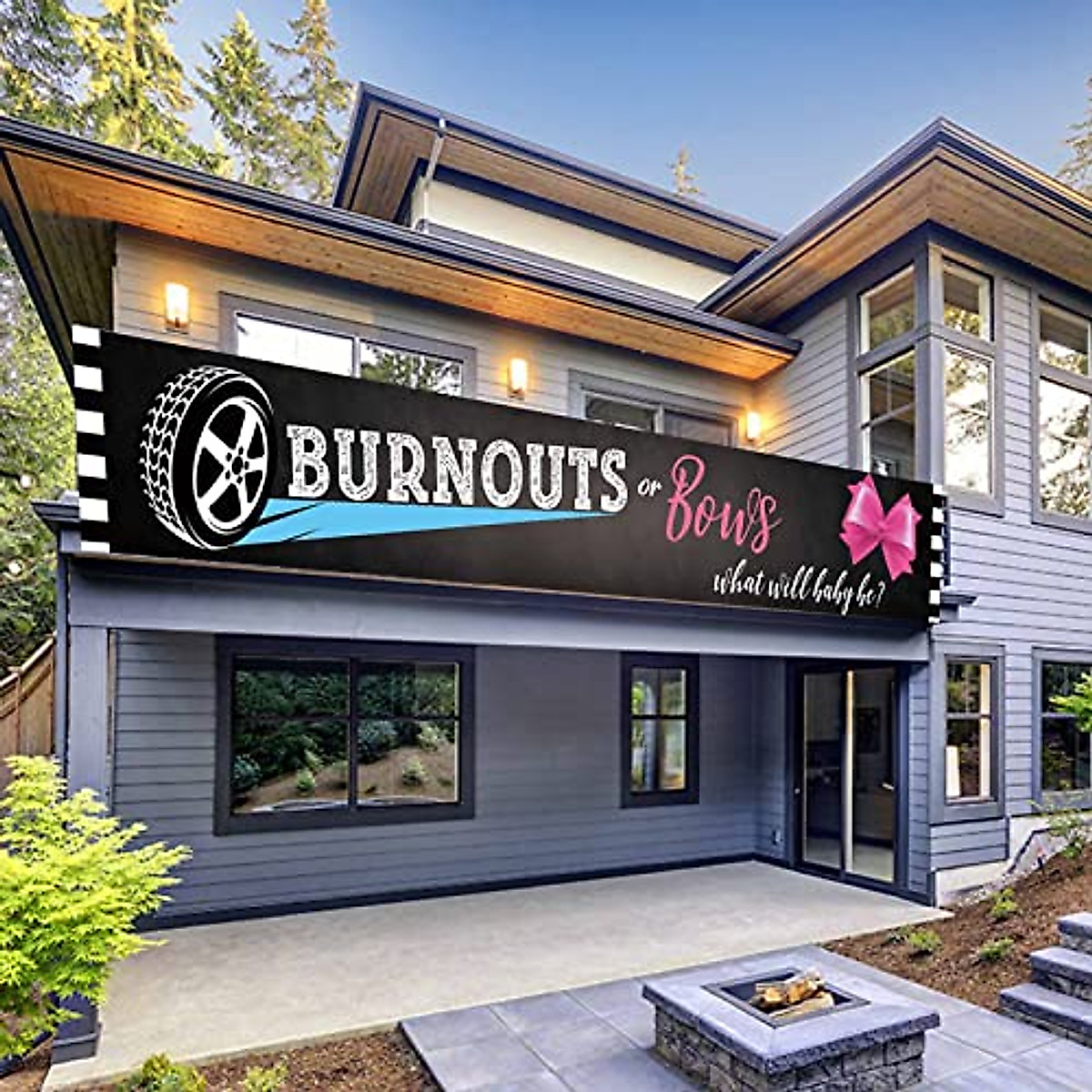 ZDX Burnouts or Bows Gender Reveal Theme Banner With 13 Feet White Rope (118 x 20 inches) Kids Baby Shower Party Banner Decor Photography Backdrops Outdoor & Indoor Hanging Cake Table Supplies Banner