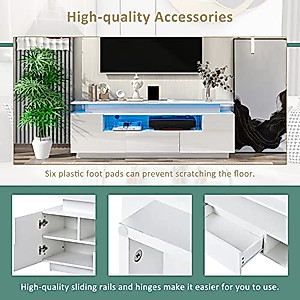 Modern LED TV Stand for 75 inch TV, White Entertainment Center with LED Lights and 4 Storage Cabinets, High Gloss Media TV Console with Drawer for Living Room, Bedroom