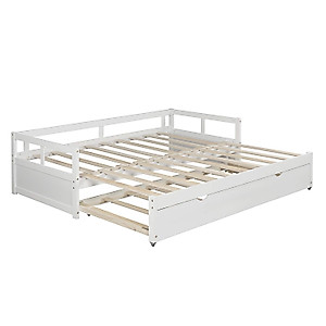 Bed Frame, Wooden Mattress Foundation with Roll Out Trundle Accommodate, Sofa Bed-Frame,Easy Assembly,White