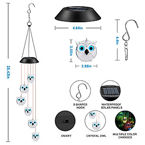 Wjiang Solar Wind Chimes, Owl LED Solar Powered Wind Chimes Lamp Color Changing Waterproof Garden Chimes with Hook for Outdoor Indoor Patio Yard Deck Grandma Mom