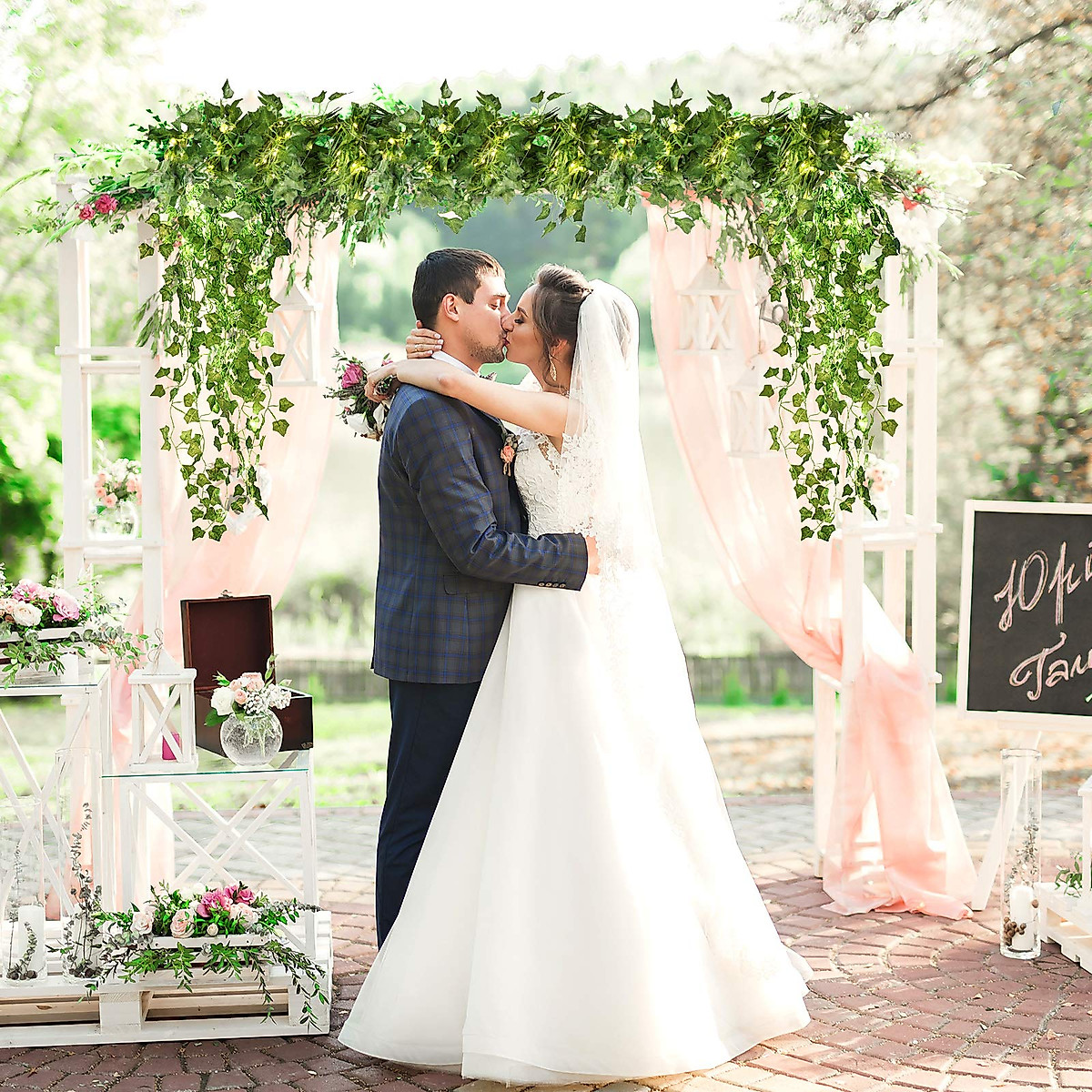 Mudder Fake Ivy Vines with Lights, LED Artificial Hanging Green Leaves Vines for Outdoors Patio Porch Decor (Basket Not Included) (Ivy Style, 3 Packs)