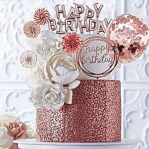 MOVINPE Rose Gold Cake Topper Decoration with Happy Birthday Candles Happy Birthday Banner Confetti Balloon Paper Fans For Rose Gold Theme Party Decor Girl Women Birthday Party