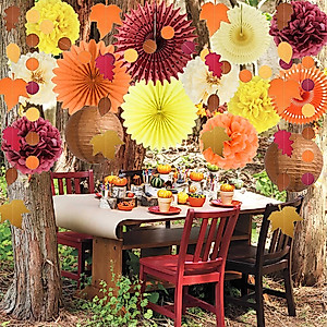 Fall Party Decorations Orange Burgundy Paper Fans Yellow Paper Pom Poms Paper Lanterns Maple Leaf Garland Circle Dot for Autumn Harvest Birthday Fall Bridal Shower Baby Shower Thanksgiving Party Decor