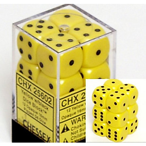 Chessex - D6 Opaque 6 Sided Dice (Set of 12) 16 mm Yellow with Black