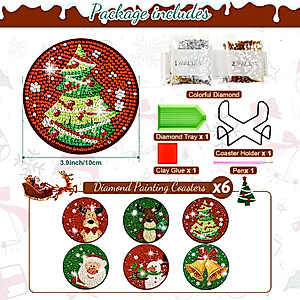 Kajaia 6 Pcs Christmas Diamond Painting Coasters, Christmas Round Diamond Painting Coasters with Holder Xmas Christmas Diamond Art Kits for Beginner Adults Kids Christmas Table Decor Supplies