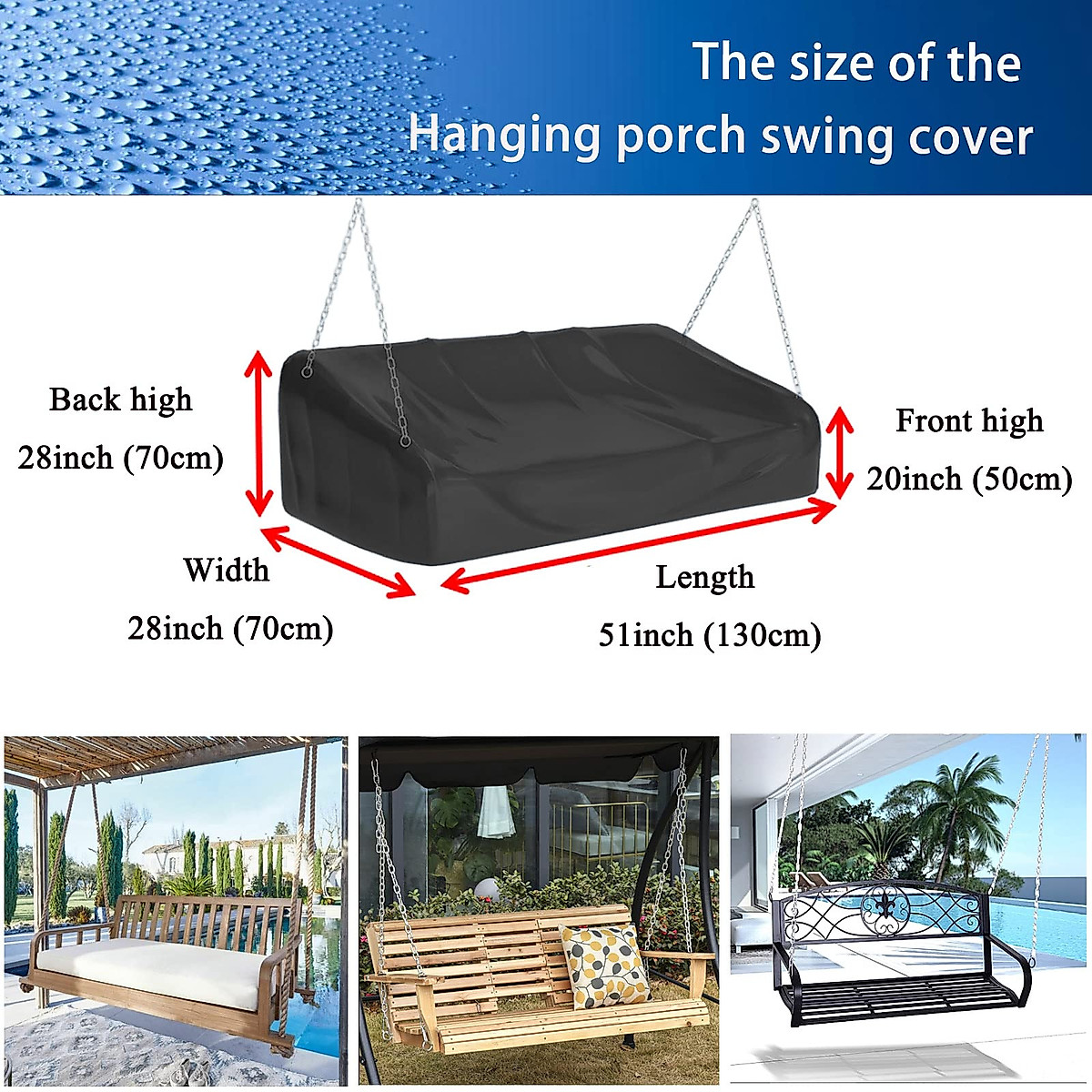 Schleuder Porch Swing Cover, Hanging Porch Swing Cover Waterproof, Outdoor Hanging Swing Cover, Cover for Porch Hanging Swing - Black (51 * 28 * 28/20inch)